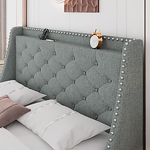 Feonase Upholstered Queen Bed Frame with Wingback Headboard, Deluxe Platform Bed Frame with Diamond Tufting & Storage Shelf, Wood Slats, Noise-Free, No Box Spring Needed, Easy Assembly, Light Gray
