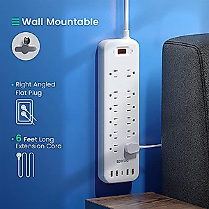 Power Strip, EPICKA Surge Protector with 12 AC Outlets (1875W/15A, 1700J) 5 USB Charging Ports (1 USB-C, 4 USB-A), 6FT Extension Cord, Wall Mountable Overload Protection Outlet for Home&Office,White