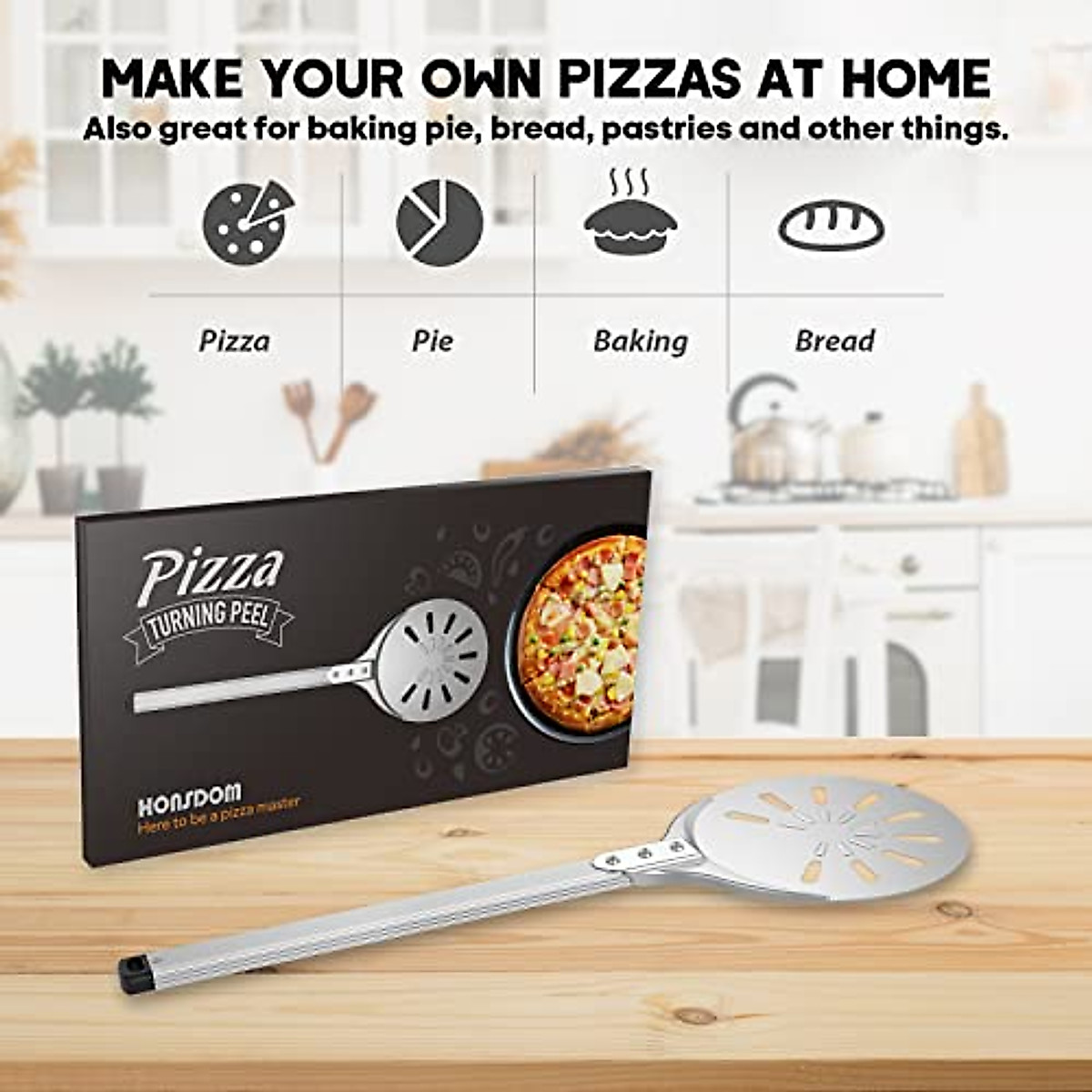 Pizza Turning Peel 8-inch Round Head Pizza Turner, Anodized Aluminum Perforated Pizza Peel Spinner with Long Handle, Pizza Oven Accessories