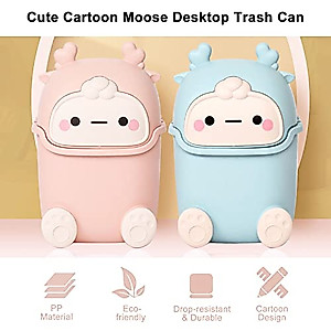 SHAIDOJIO Cute Desktop Trash Can, Creative Mini Garbage Can with 90Pcs Trash Bags, Small Desktop Plastic Waste Basket with Flip Lid for Bathrooms, Kitchens, Offices, Dressing Table (Pink)