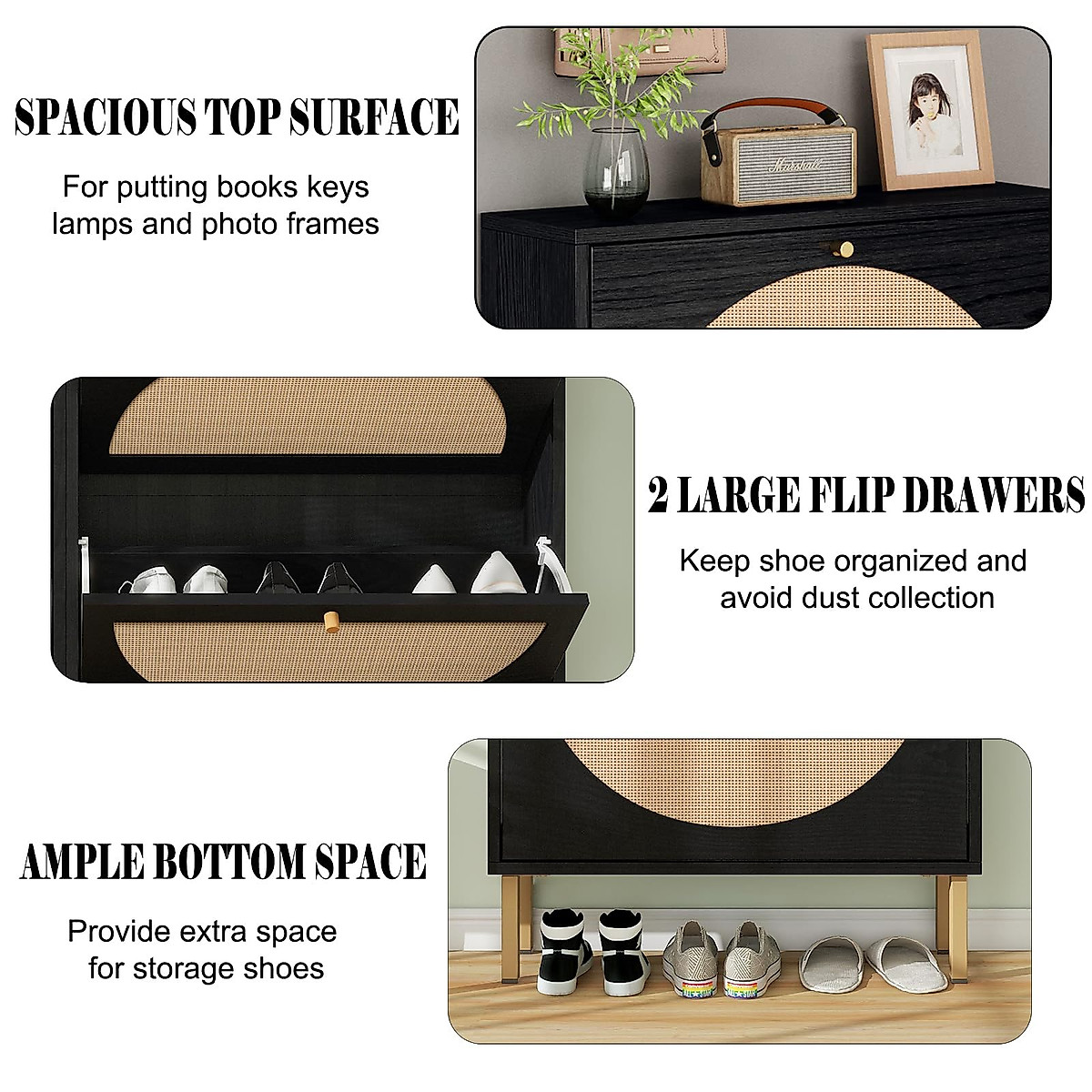 Yoluckea Rattan Shoe Cabinet with 2 Flip Drawers for Entryway Modern Wooden Shoe Rack Shoe Storage Cabinet Free Standing Shoe Rack for Heels Slippers for Entryway Hallway Bedroom Small Space (Black)