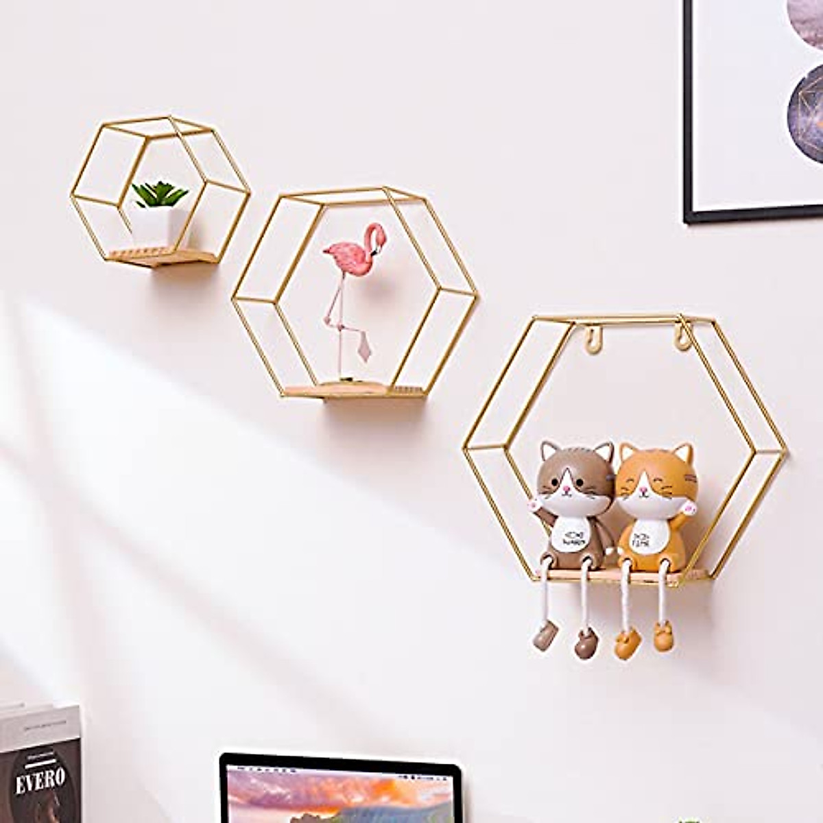 Rendeyuan Hexagonal Iron Stand Small Pot Wall Shelving Holder Home Shelf Storage Holder Decorative Shelves Floating Shelves - Gold - 24x9.5x20.5cm