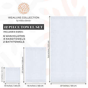 Wealuxe 12 Piece Bath Towel Set for Bathroom - 2 Bath Towels, 4 Hand Towels, 6 Washcloths 100% Cotton Soft and Plush Highly Absorbent, Soft Towel for Hotel & Spa - White