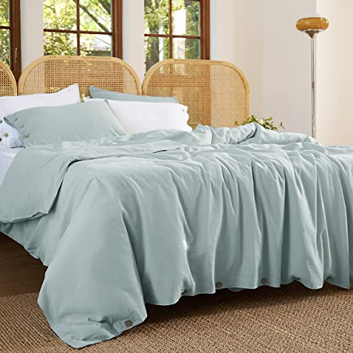 Bedsure Linen Duvet Cover King - Linen Cotton Blend Duvet Cover Set, Spa Blue Linen Duvet Cover, 3 Pieces, 1 Duvet Cover 104x90 Inches and 2 Pillowcases, Comforter Sold Separately