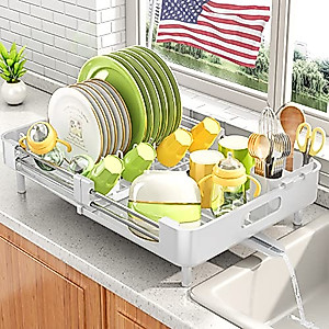 Kitchen Counter Dish Drainers Rack, Auto-Drain Expandable(13.2"-19.7") Stainless Steel Large Strainers Over Sink Drying Rack Drainboard with Utensil Holder Caddy Organizer, White