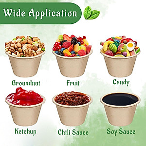FUYCIEUM 150 Pieces Bagasse Fiber Souffle Cups with Lids, 4 Oz Biodegradable Sample Cups, Compostable Portion Cups for Condiment, Dips, Jams, Tomato Sauce, Snack, Honey, Nuts, Butter, Biscuits