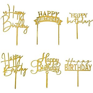 Gold Birthday Cake Topper, 6pcs Acrylic Birthday Cake Toppers Happy Birthday Cake Toppers for Birthday Decorations Gold Topper for Girls Women's Party Decorations