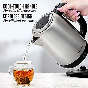Ovente Electric Tea Kettle Stainless Steel 1.7 Liter Portable Instant Hot Water Boiler Heater 1100W Power Fast Boiling with Cordless Body and Automatic Shut Off for Coffee Milk Chocolate Silver KS27S