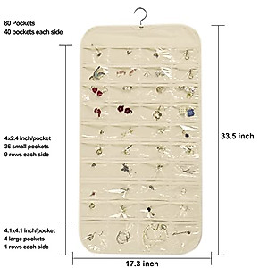 KIMCHOMERSE Hanging Jewelry Organizer Double Sided 80 Pockets Jewelry Storage Holder Bag for Home and Travel to Organize Necklaces Bracelets Earrings Rings Chains Hairpin Headband - Beige