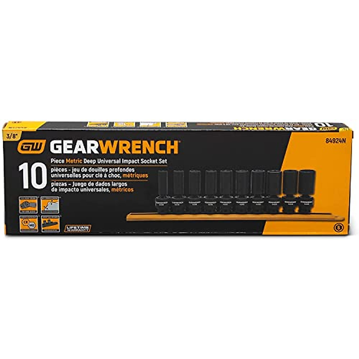 GEARWRENCH 10 Piece 3/8 Inch Drive 6 Pt. Deep Universal Impact Socket Set, Metric - 84924N