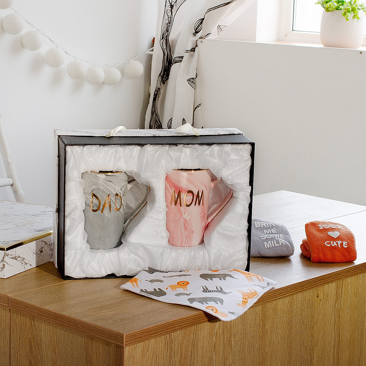 New Parents Pregnancy Gifts for First Time Moms and Dads Includes Premium Gift Basket with Mom and Dad Mugs 14 oz - Expecting Mother to be - Welcome Baby Shower Gender Reveal