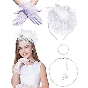 5 Pack White Fascinator for Gril Tea Party Headband Derby Hat Lace Gloves ewelry Pearl Bracelet Earrings Set for 1920s Party