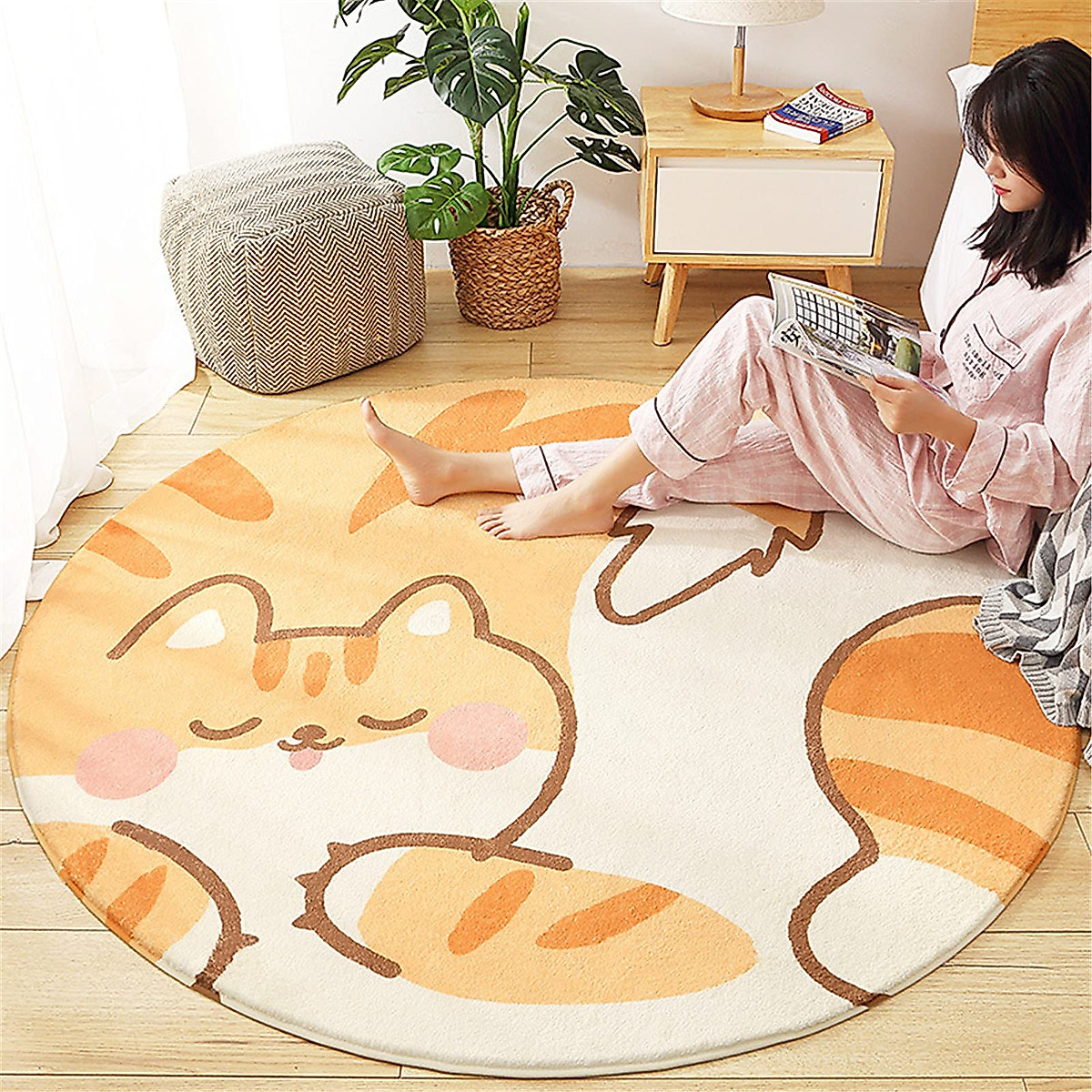TEALP Kids Play Rug 4ft,Round Area Rug Kids Nursery Door Mat Soft Plush Childrens Carpet for Bedroom Living Room Kids Playroom,Orange Cat