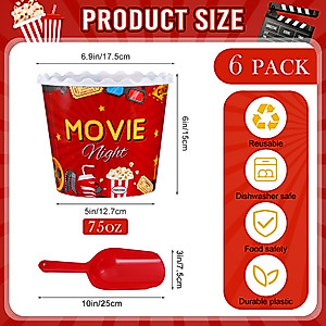 Roshtia 6 Pieces Plastic Popcorn Containers Reusable 75 oz Popcorn Bowl with Popcorn Scoop Retro Style Popcorn Boxes Red Popcorn Plastic Scoop Set for Movie Theater Night (Movie)