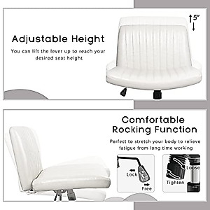 PUKAMI Armless Desk Chair No Wheels with Ottoman&Lumbar Support,PU Leather Padded Modern Swivel Home Office Chair,Height Adjustable Wide Seat Cross Legged Computer Task Chair for Living Room(White)