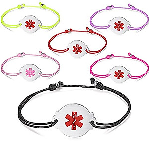 LinnaLove Medical Alert Bracelet for Women Adjustable Handmade Cord Medical ID bracelets with personalized Customize engraved-Black