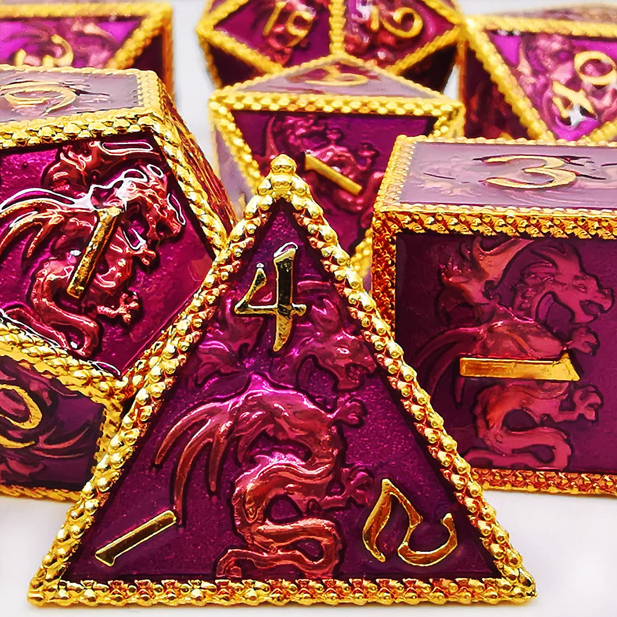 MJDICEOK Metal Dragon DND Dice Set 7 Role Playing Dice D&D Solid Dice Golden Purple