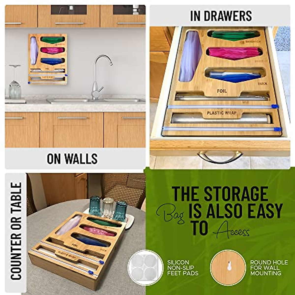 Ziplock Bag Organizer - 6 in 1 Wrap Dispenser with Cutter and Labels, Bamboo Reusable Baggies Dispenser Container, Storage Organizer for Kitchen Drawer, Compatible with Gallon, Quart, Sandwich & Snack