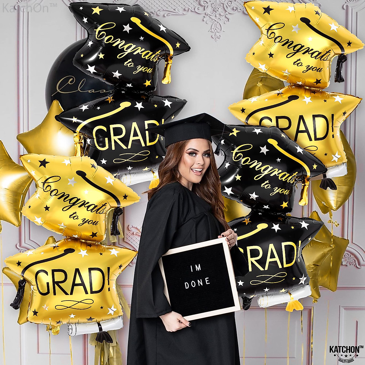 KatchOn, Black and Gold Graduation Hat Balloon - Big, 32 Inch, Pack of 4 | Congrats Grad Balloons | Graduation Balloons Class of 2024, Graduation Cap Balloon | Graduation Decorations Class of 2024