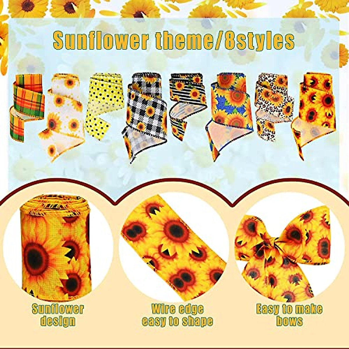 Kuscul 8 Rolls 32 Yards Sunflower Wired Ribbon Fall Autumn Wired Edge Ribbon Thanksgiving Fabric Decorative Ribbon for Gift Wrapping Hair Bow Sewing Crafts Wreath, 2.5in/ 1.5in