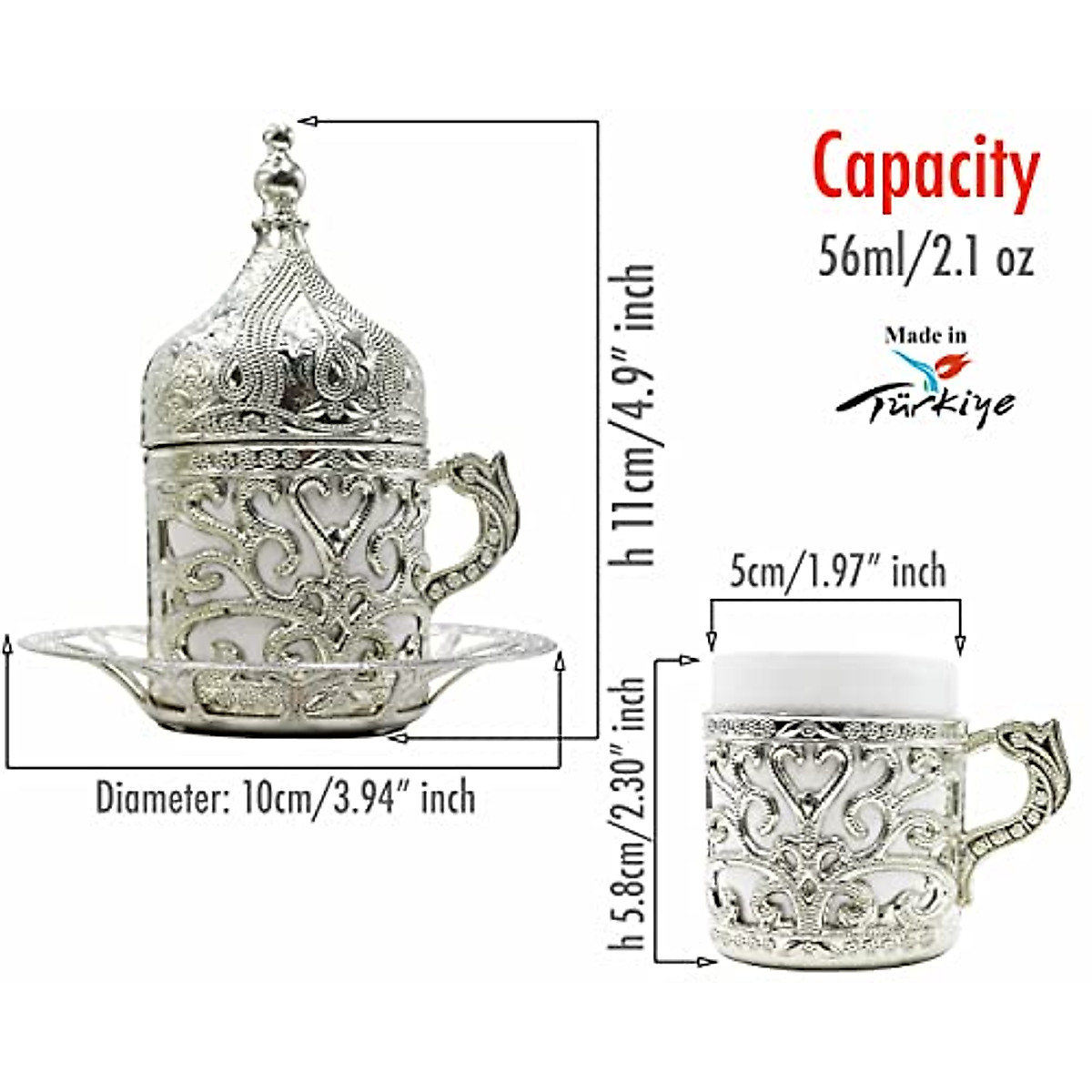 Küchengeräte Turkish Greek Arabic Moroccan Coffee Cup - Set of 2 - Espresso Cup with Inner Porcelain Metal Holder Plate and Lid - 2 Cups Consists of 8 Pcs - Best Gift Idea