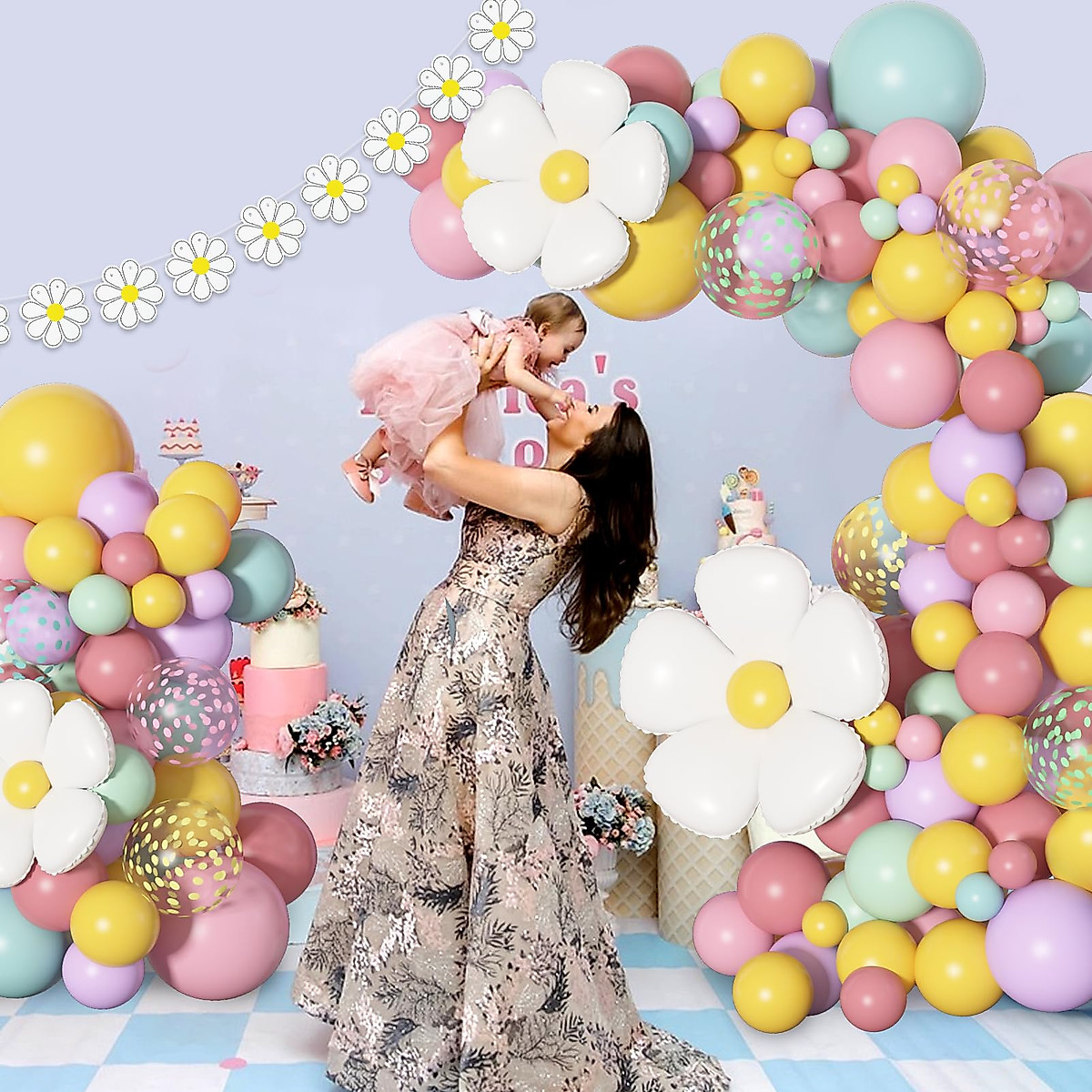Amandir 162Pcs Daisy Balloon Garland Arch Kit, White Groovy Flower Pastel Balloon Arch Pink Yellow Blue Green Purple Balloons Daisy Banner for Birthday Baby Shower Bridal Wedding