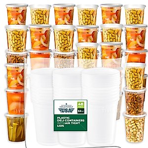 Deli Soup Quart Containers with Lids [32 Oz - 48 Pack], Plastic Food Freezer Storage Containers with Lids, Disposable Heavy Duty Microwavable Airtight To Go Takeaway Take Out Containers Cups With Lids