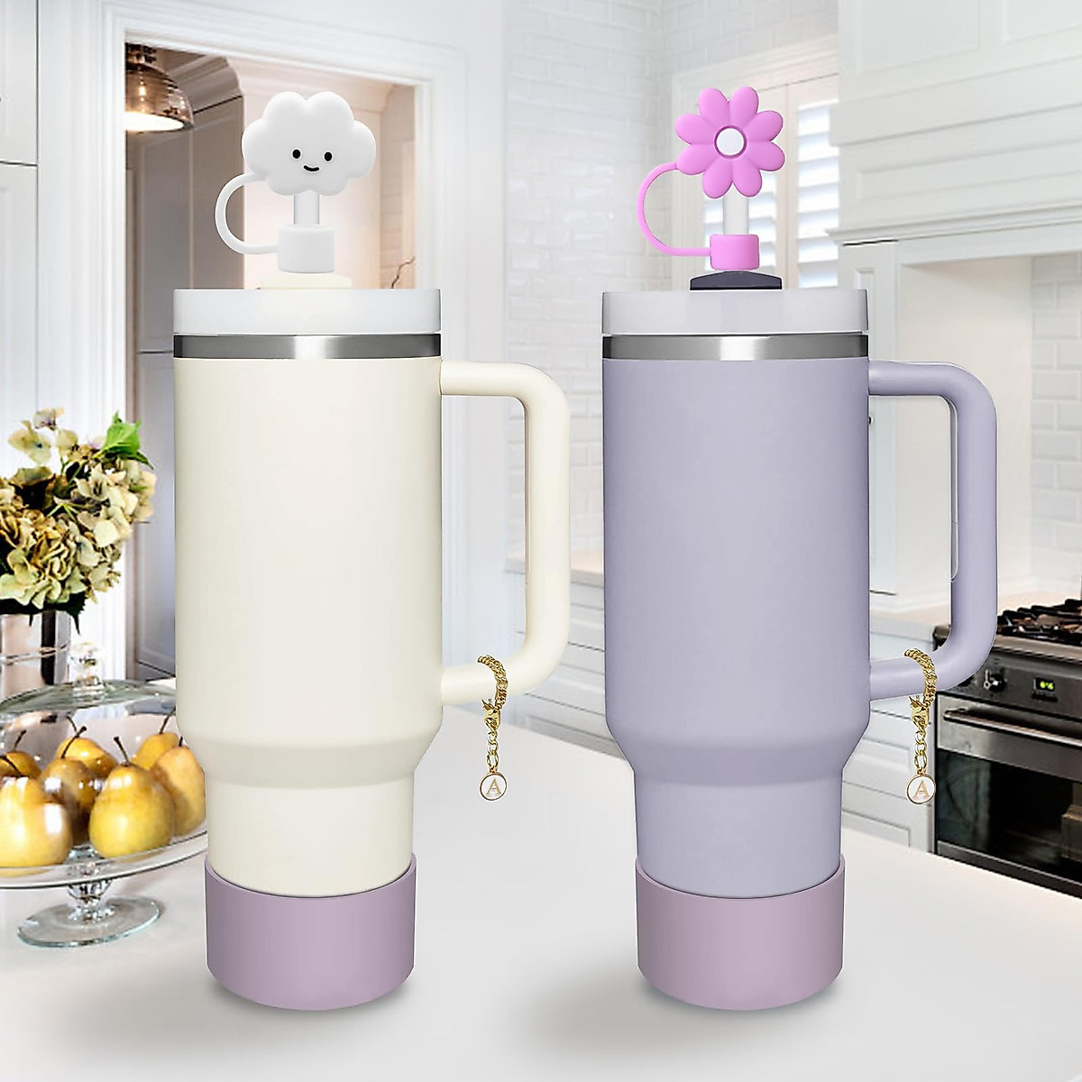 Stanley Cup Accessories Set,Includes 2pcs 0.4in Straw Covers, 1 Spill-Proof Stopper for 6-10mm straw, 1 Name ID LetterA Handle Charm, and 1 Silicone Boot，Fits Stanley 30&40 Oz Tumbler(A)