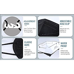 YUENTAM KN95 Face Masks 50PCS, 5-Layers Protection With Elastic Loop Straps and Nose-Clip and Adjustment Hook, Breathable 3D design For Men and Women,Individually Wrapped, Black and White (Black)