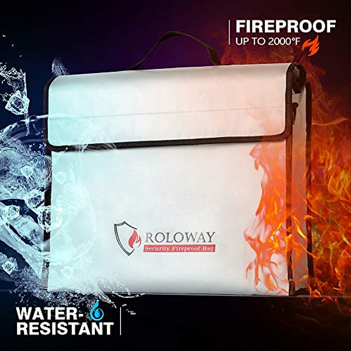 ROLOWAY Fireproof Document & Money Bags, Large Fireproof & Water Resistant Bag (15 x 12 x 5 inches), Fireproof Folder Safe Bag for Cash, Valuables & Passport, with Silicone Coating & Zipper Closure