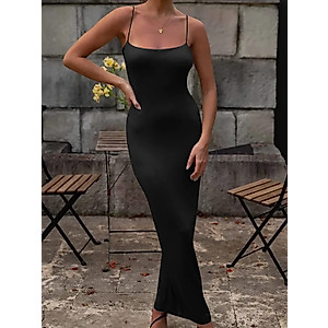 LILLUSORY Birthday Dress Sun Dresses for Women 2023 Summer Casual Sexy Dinner Backless Spaghetti Strap Bodycon Maxi Dresses Ladies Party Date Cami Long Dress Black