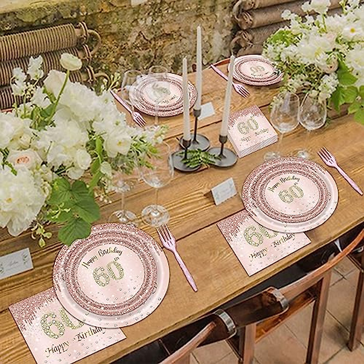 96PCS 60th Birthday Party Tableware Set 60th Birthday Party Supplies 60th Birthday Plates and Napkins 60th Birthday Party Decorations for Women Pink Rose Gold Birthday Plates Napkins Forks Serve 24