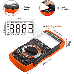 ANNMETER Digital Multimeter, AUTO-Ranging 6000 Counts TRMS DC&AC Vlotmeter Ohm Amp Resistance Capacitor Meter, Measures Frequency Duty Cycle Temp Transistor hEF AN-770S