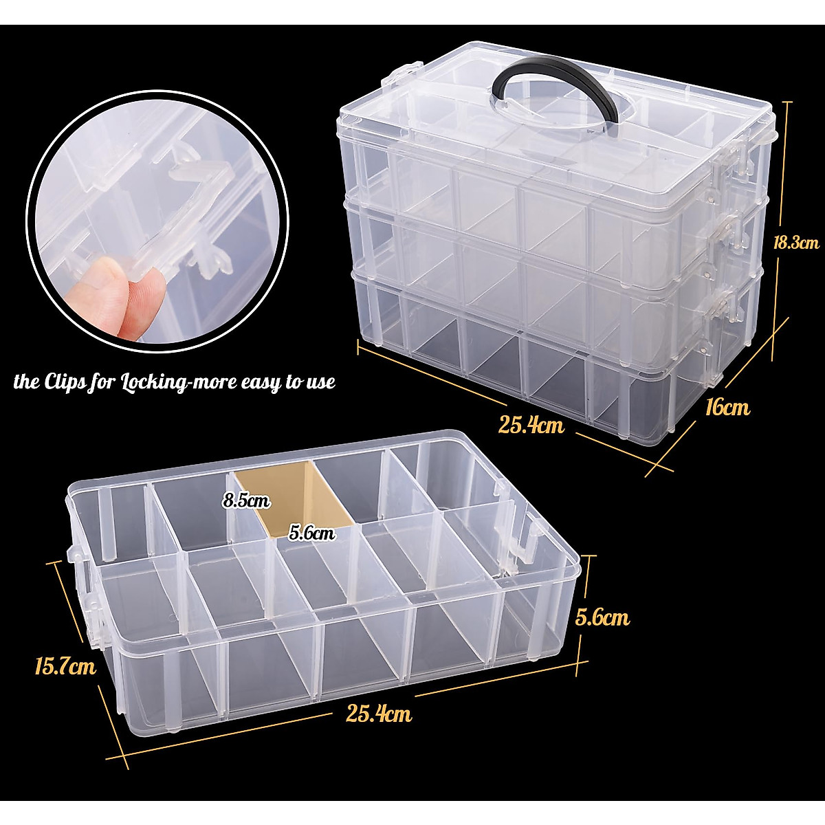 Anstore Storage Box with Compartments, Reinforced 3-Tier Clear Plastic Craft Storage Box with Lids, Practical Sorting Box for Crafts, Jewelry, Toy building blocks(Medium)