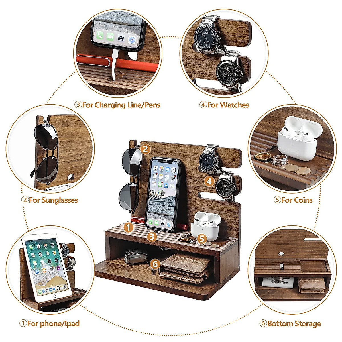 Homde Solid Wood Charging Station Storage/Nightstand for Multiple Devices Including Phone, Smart Watch, Laptop, Tablet Perfect as an Electronic Organizer Gift for Men
