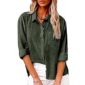 Womens Cotton Linen Button Down Shirt 2023 Casual Long Sleeve Solid Color Shirts Loose Work Tops with Pockets Army Green