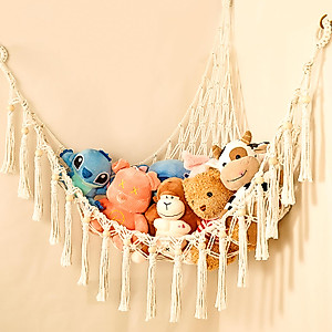 Stuffed Animal Net or Hammock with LED Light Macrame Stuffed Animal Storage Organizer Plush Animal corner Storage Doll Teddy Bear Hammock for Wall Bedroom Living Boho