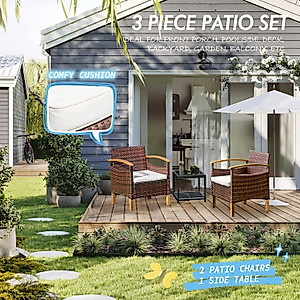 3 piece Outdoor Patio Furniture Set Outdoor Furniture Set with Table Outside Lawn Patio Chairs Set of 2 Patio Conversation Sets Bistro Wicker Patio Set for Porch Balcony Backyard Pool Deck(Brown)