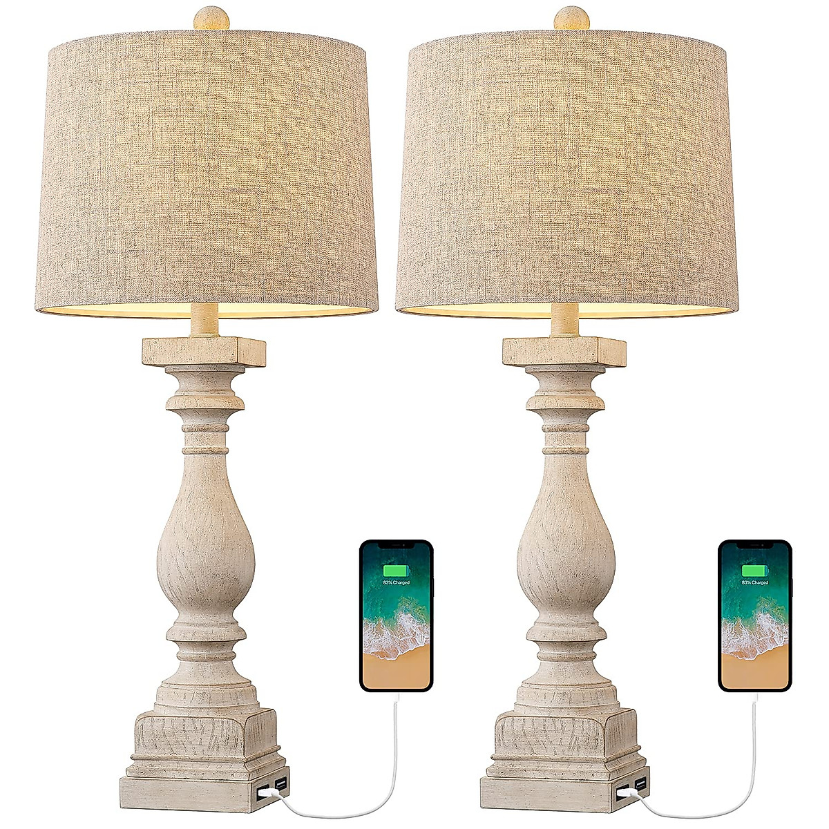 BOBOMOMO 27" Table Lamp with USB C+A Charging Ports Set of 2 Antique Nightstand Lamp for Bedroom Living Room Farmhouse Office Retro Rustic Resin Bedside Desk Lamps Washed White