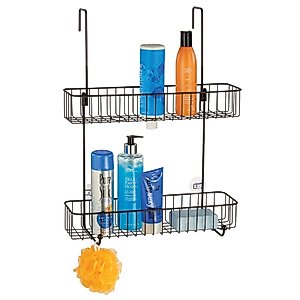 mDesign Extra Wide Metal Wire Over The Bathroom Shower Door Caddy, Hanging Storage Organizer Center with Built-in Hooks and Baskets on 2 Levels for Shampoo, Body Wash, Loofahs - Bronze