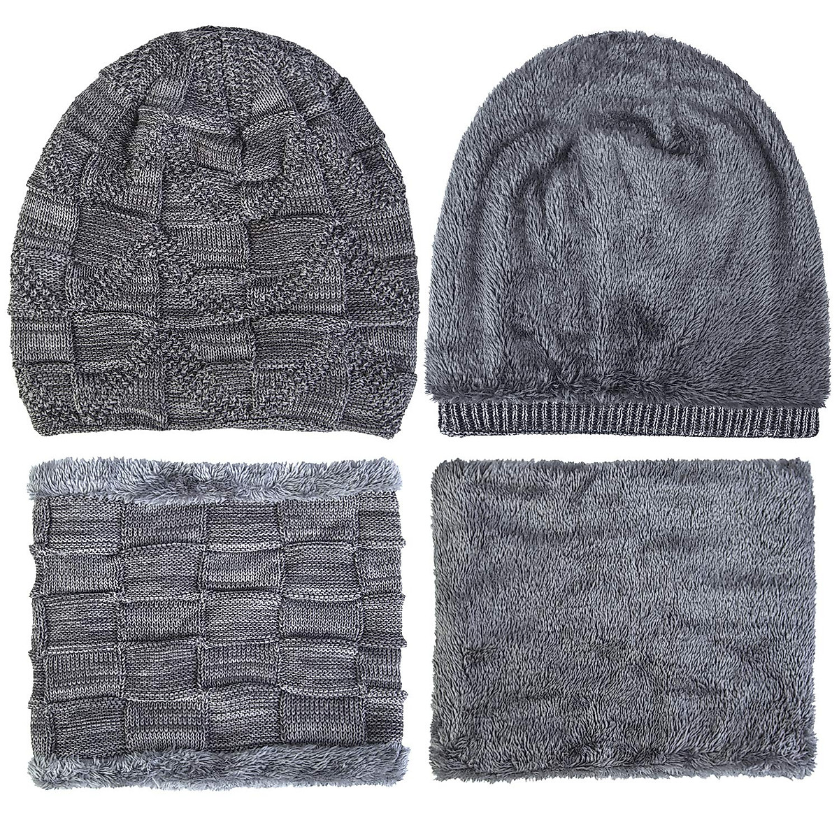 2 Pieces Winter Beanie Hat Scarf Set Thick Warm Knit Fleece Lined Skull Cap Scarves Gifts for Men,Y-Gray
