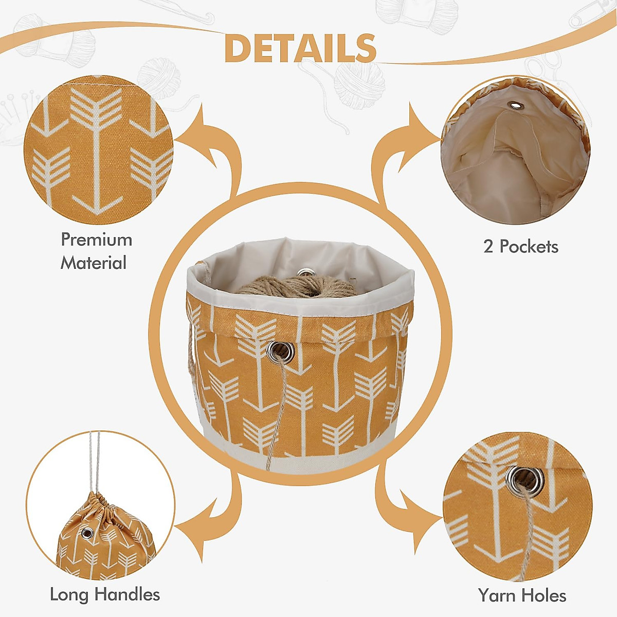 TOGETRUE Yarn Bag, Small Knitting Crochet Bag, Portable Yarn Storage Bags Organizer for Crocheting Project, Store Skein Ball, Short Knitting Needle (Yellow)