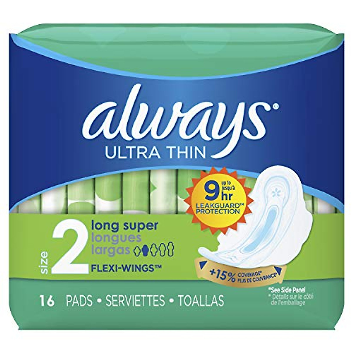 Always Ultra Thin Long/Super With Wings Unscented Pads, White, 16 Count