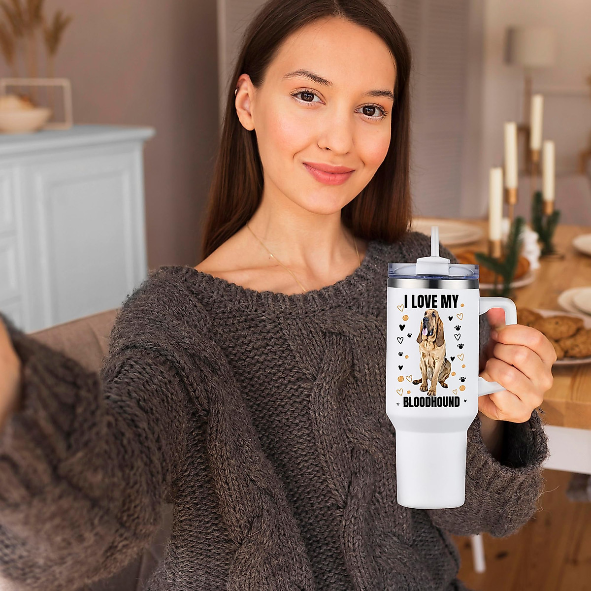 Dog Mom 40 oz Insulated Tumbler with Handle and Straw - Travel Coffee Mug for Women, Dog Lover Gifts (Bloodhound Gifts)