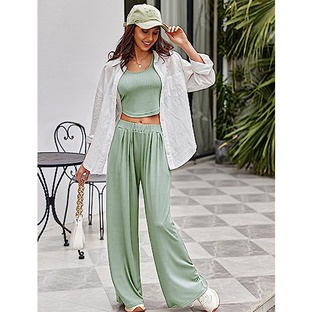 Ekouaer Lounge Sets Womens Pajama Set Short Sleeve Crop Top Loose Wide Leg Pants Casual Loungewear Set,Light Green,L