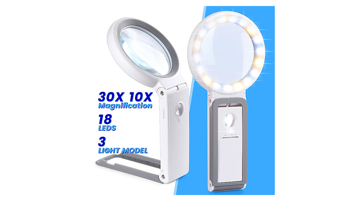 30X 10X Magnifying Glass with Light and Stand for Seniors & Hobbyists