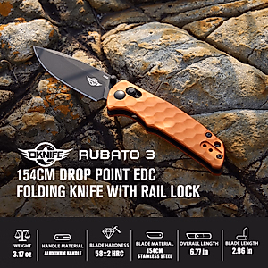 OKNIFE Rubato 3 Pocket Knife with 154CM Stainless Blade, Folding Knife for Camping, Hiking, Indoor and Outdoor Activities (Orange)