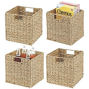 mDesign Seagrass Woven Cube Storage Bin Basket Organizer with Handles for Kitchen Pantry, Cabinet, Cupboard - Shelf and Cubby Organization, Holds Food, Drinks, Snacks, Appliances - 4 Pack, Natural/Tan