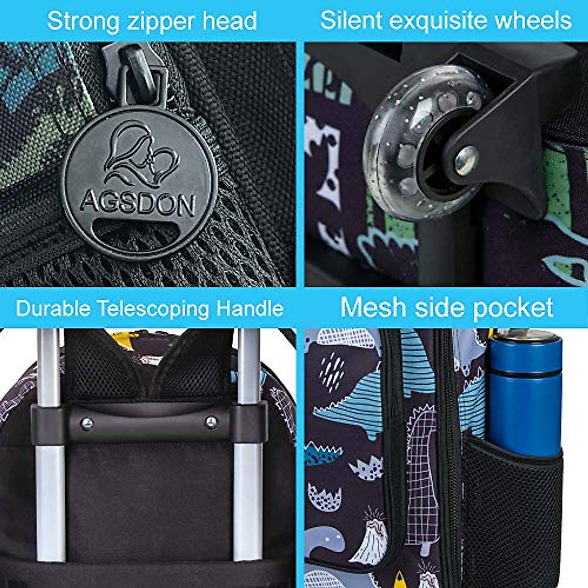 3PCS Kids Rolling Backpack, Boys Roller Wheels Bookbag, Wheeled School Bag with Lunch Bag - Dinosaur
