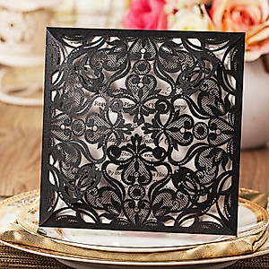 Hosmsua 6.3 x 6.3 Inch 50PCS Black Laser Cut Hollow Lace Rose Invitation Cards with Envelopes Wedding Invitations for Engagement Wedding Invite (Black, 50PCS Blank)